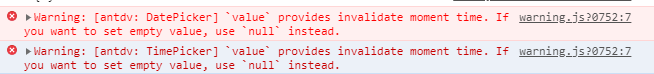 A date picker Warning antdv DatePicker Value Provides Invalidate Moment Time If You Want 