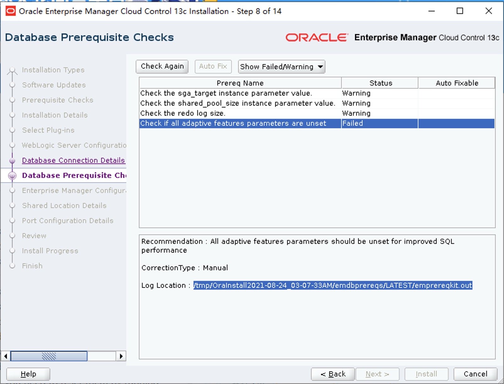 Oracle 13c OEM 在linux数据库21c提示错误 - 墨天轮问答