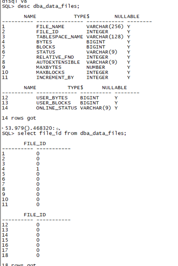 Dm8中执行select File Id From Dba Data Files 提示无效的参数值,为啥呢? 墨天轮问答