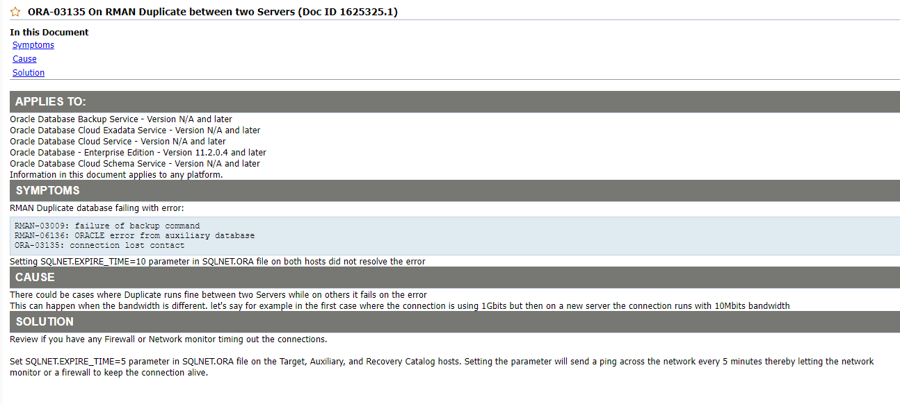 DUPLICATE TARGET DATABASE ORA-03135: Connection Lost Contact - 墨天轮